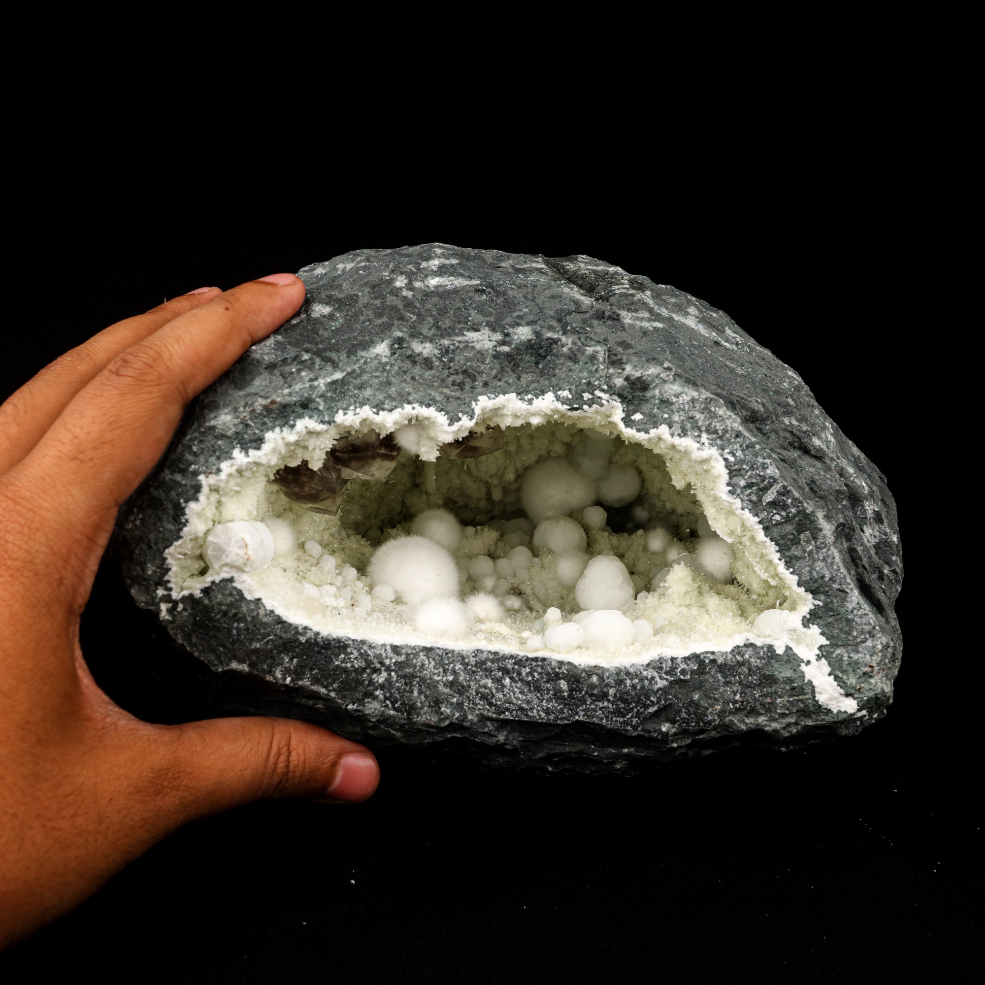 Okenite Big Puffballs with calcite & Gyrolite inside Geode Natural Min ...